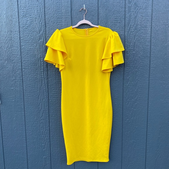 Dresses | Yellow Ruffled Sleeve Bodycon Dress | Poshmark
